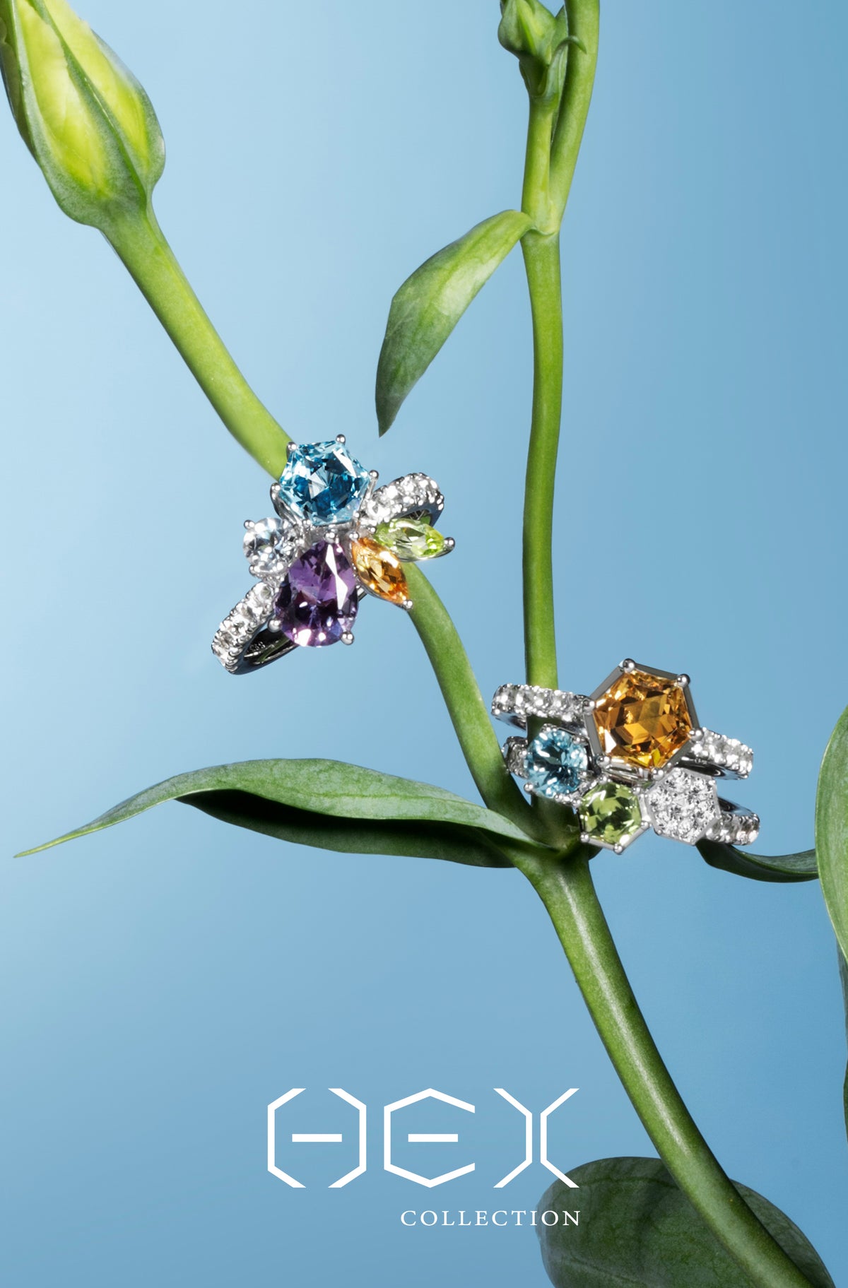 HEX Stack Rings (2 Rings) with Citrine, Peridot, Swiss Blue Topaz and
