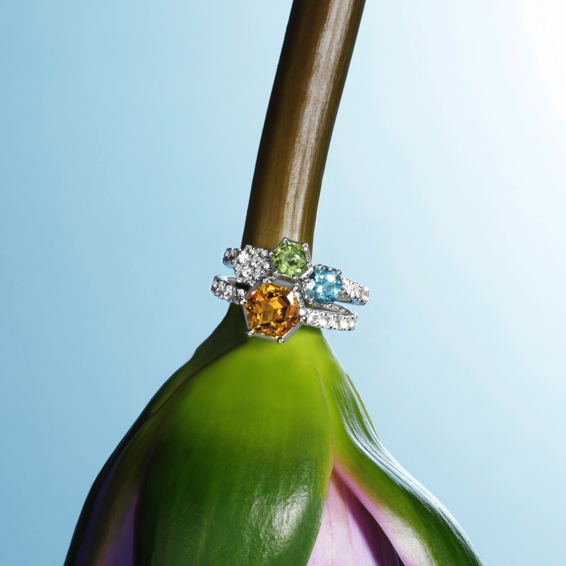 HEX Stack Rings (2 Rings) with Citrine, Peridot, Swiss Blue Topaz and